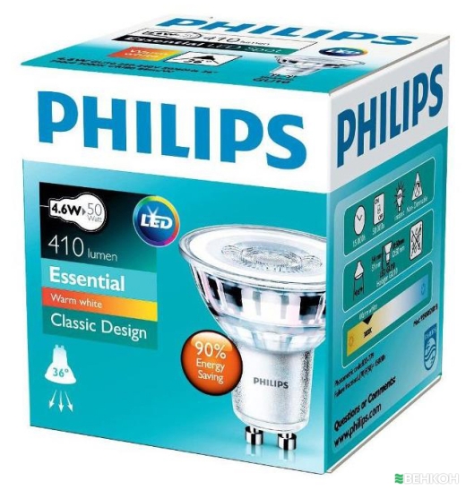≋ Светодиодная лампа Philips Essential LED 4.6-50W GU10 830 36D (929001218108) купить по цене ...