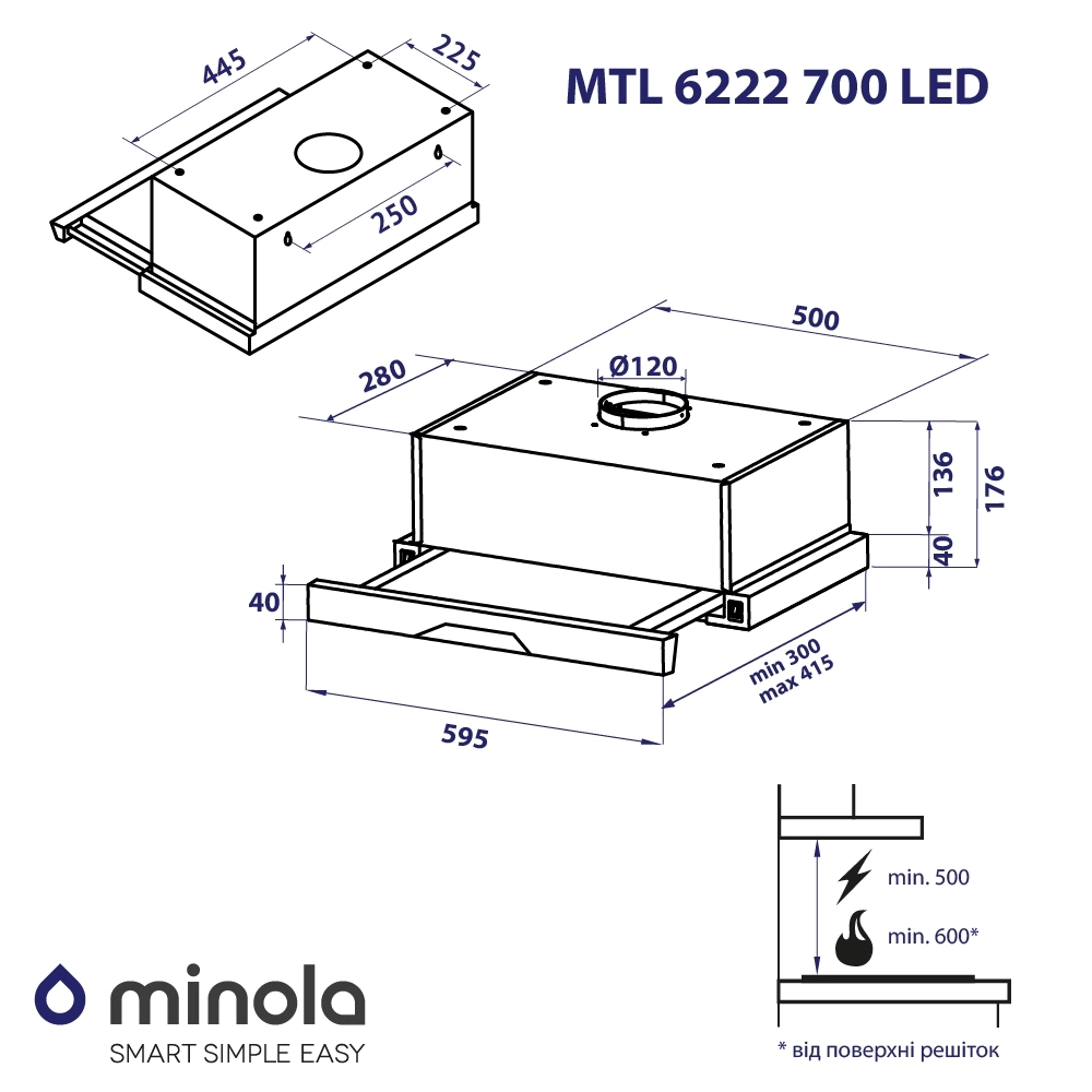ᐉ Витяжка кухонна телескопічна Minola MTL 6222 BL 700 LED купити по ...
