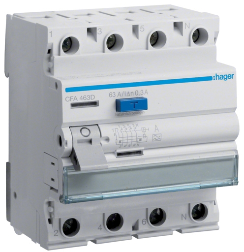 ᐉ Дифференциальный автомат Hager 4P 6kA 63A 300mA A (CFA463D) купить по цене 1 574 грн. в Киеве ...